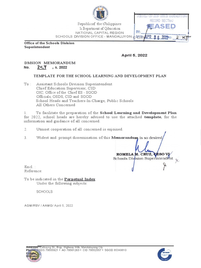 DM No. 269, S. 2022. Template For The School Learning and Development ...