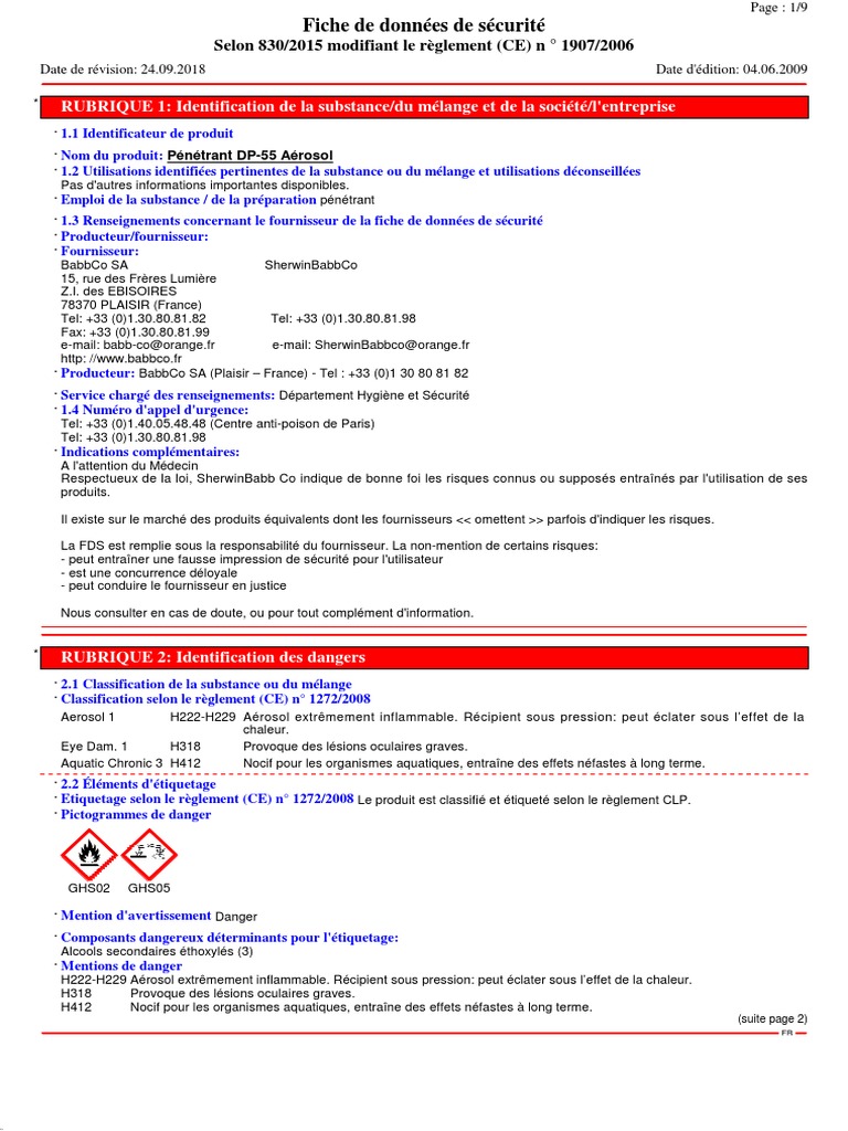 Fiche de Données de Sécurité DP55 | PDF | Déchets | Chimie