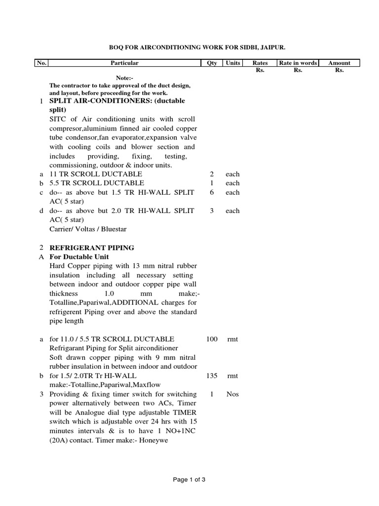 BOQ for Ductable AC Installation | PDF | Air Conditioning | Pipe (Fluid ...