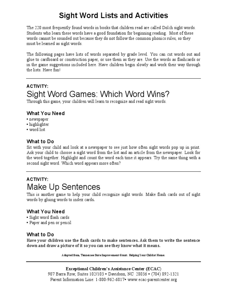 Sight Word Lists and Activities English 2 | PDF | Flashcard