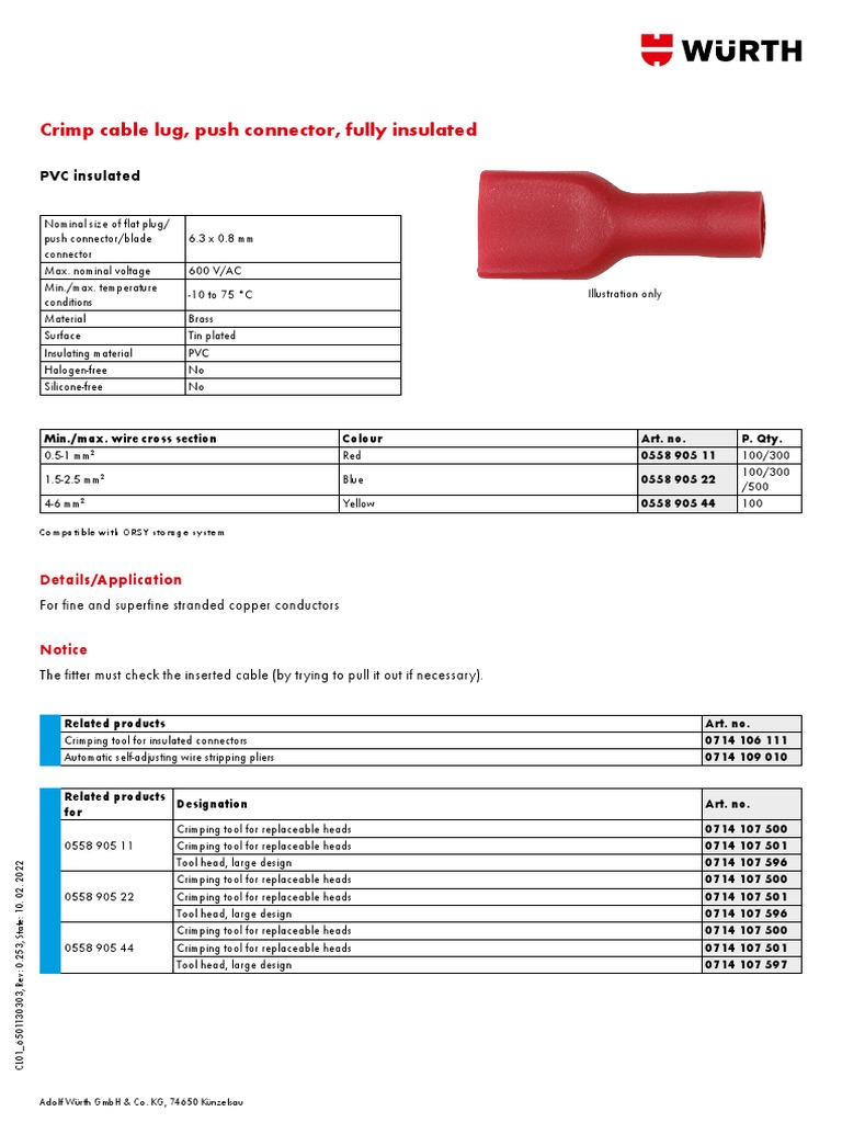 Crimp Cable Lug, Push Connector, Fully Insulated | PDF | Electrical ...