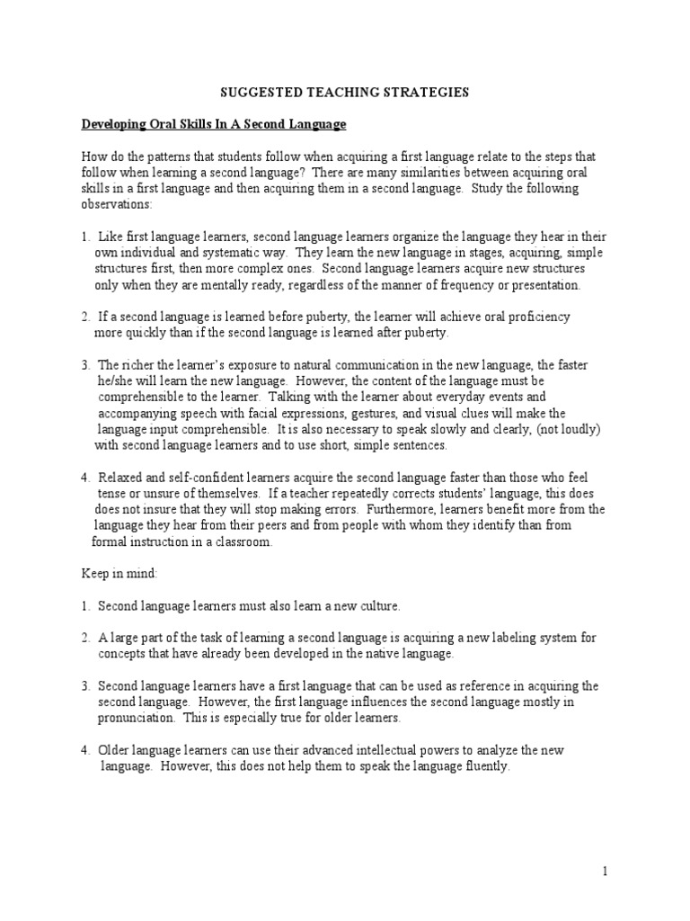 Suggested Teaching Strategies Developing Oral Skills in A Second ...