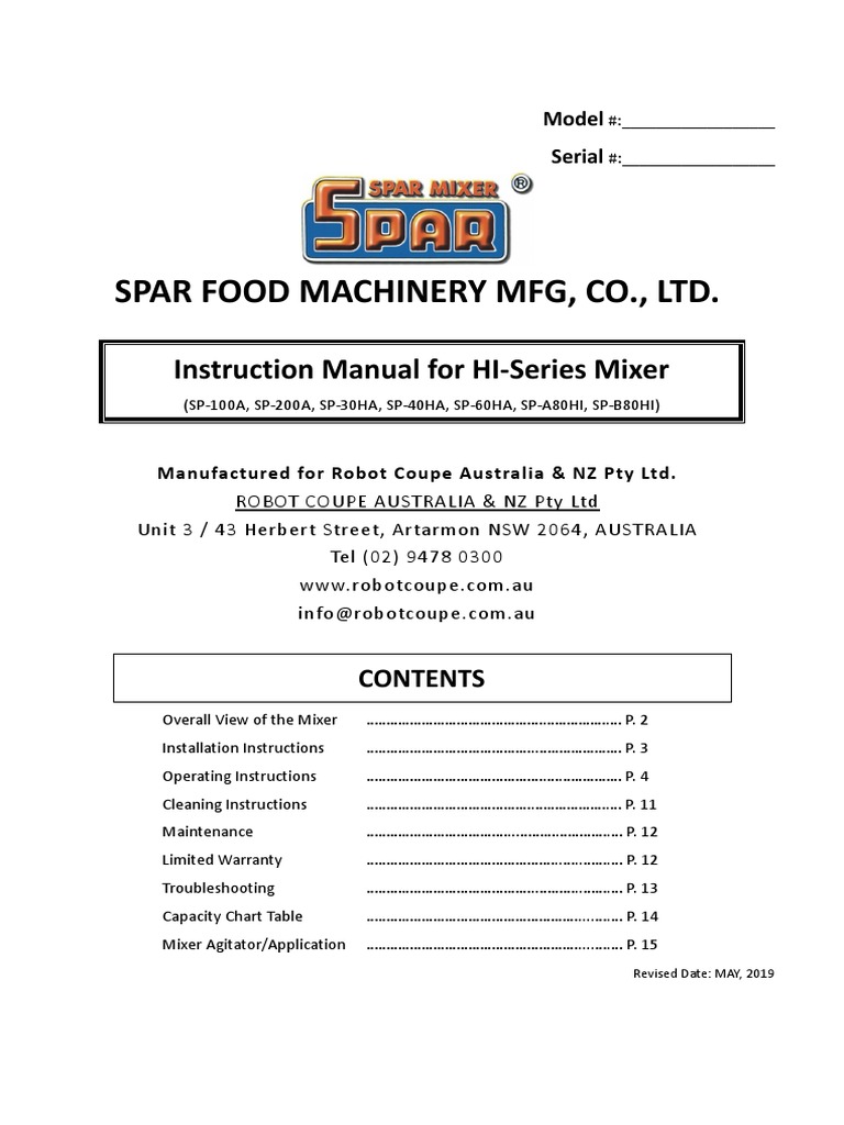 Instruction Manual for SPAR Food Machinery MFG, Co., Ltd. HI-Series ...