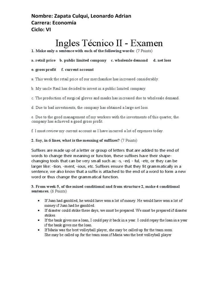 Ingles Técnico II - Examen: Nombre: Zapata Culqui, Leonardo Adrian ...