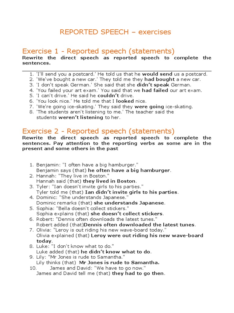 REPORTED SPEECH - Exercises Exercise 1 - Reported Speech (Statements) | PDF