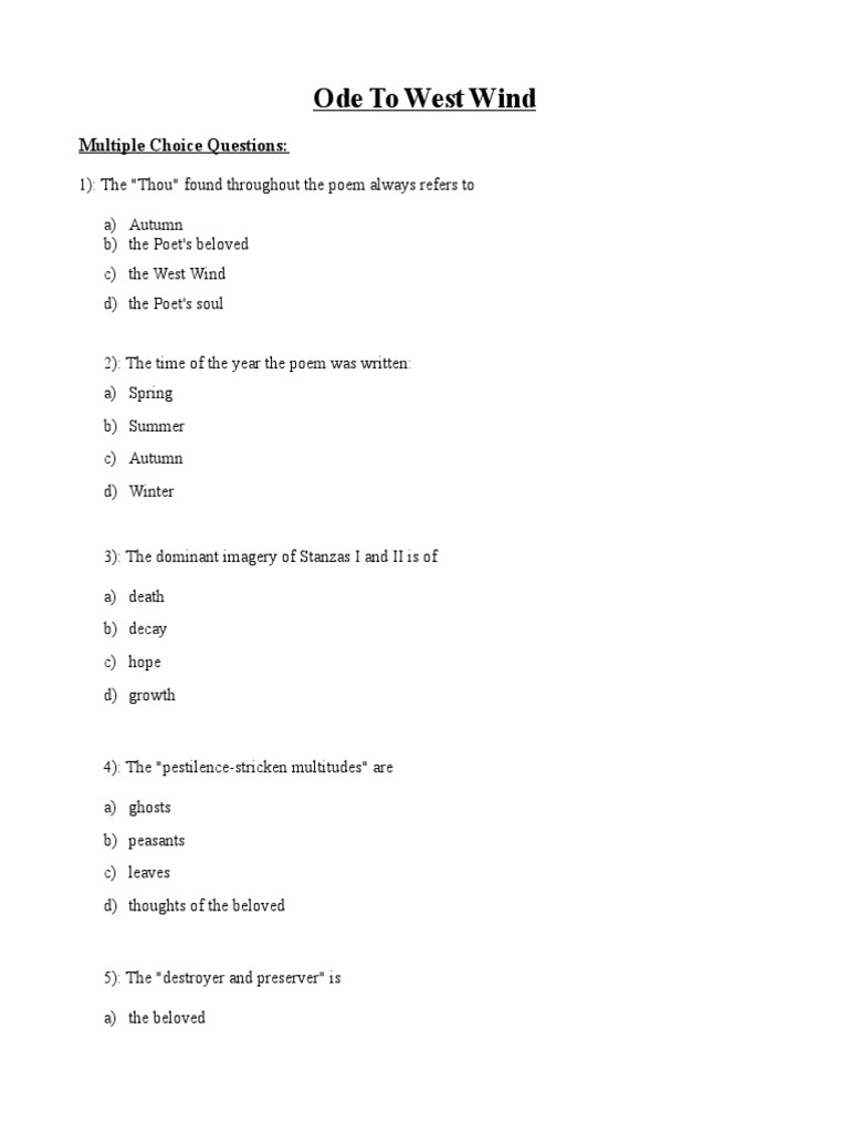 Ode To West Wind MCQs | PDF | Poetry