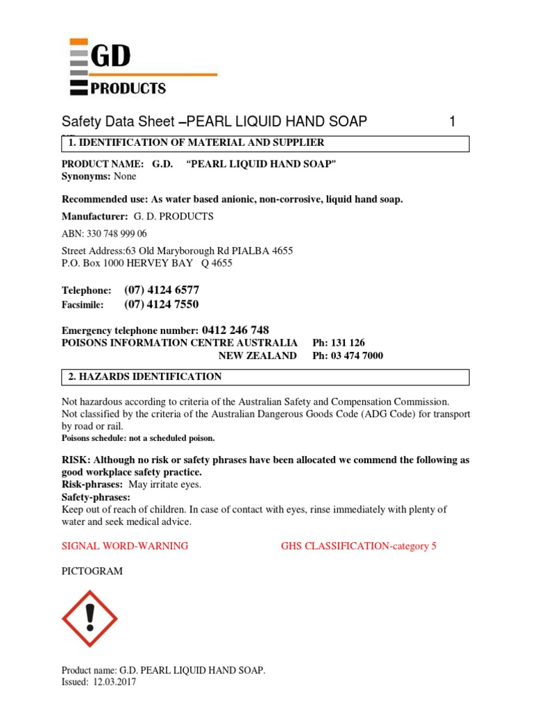 Safety Data Sheet - Pearl Liquid Hand Soap 1 | Download Free PDF ...