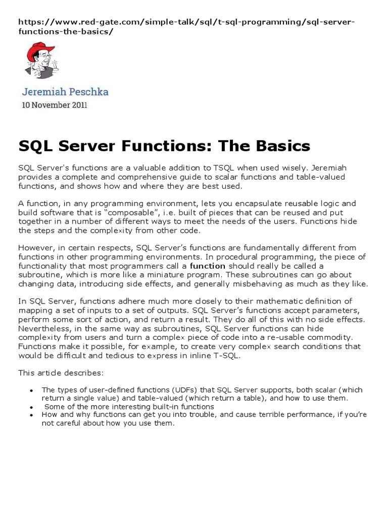 SQL Server Functions The Basicsss | PDF | Subroutine | Microsoft Sql Server