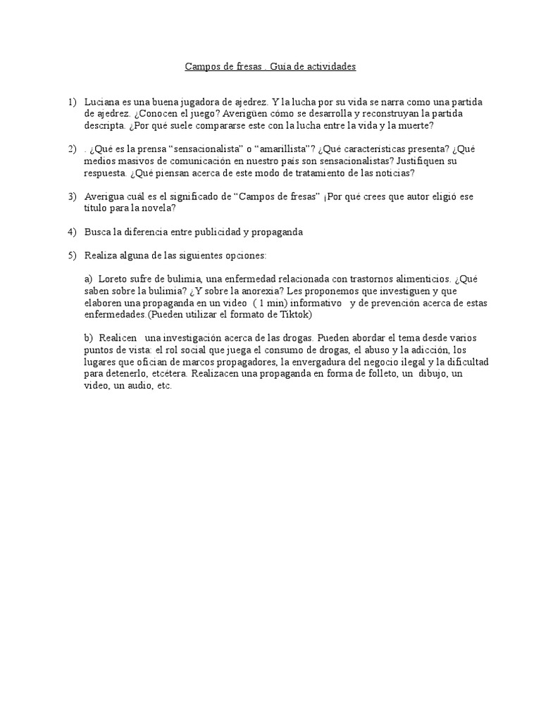 Campos de Fresas. Guía de Actividades | PDF