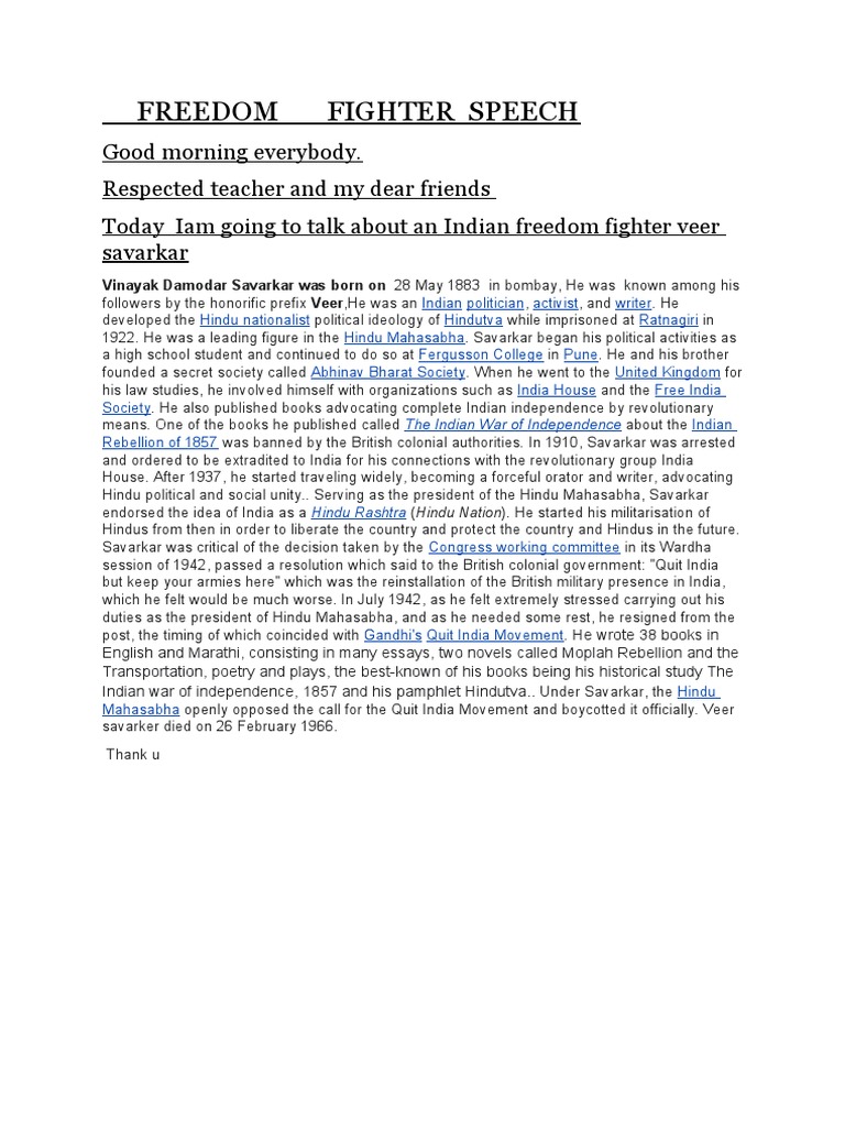 Freedom Fighter Speech | PDF | Indian Nationalism | British India