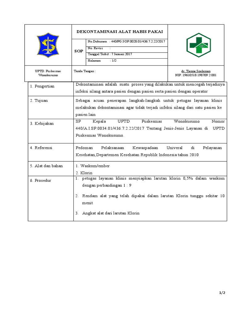 Format Sop Dan Daftar Tilik Dekontaminasi Alat Habis Pakai | PDF | Sains & Matematika