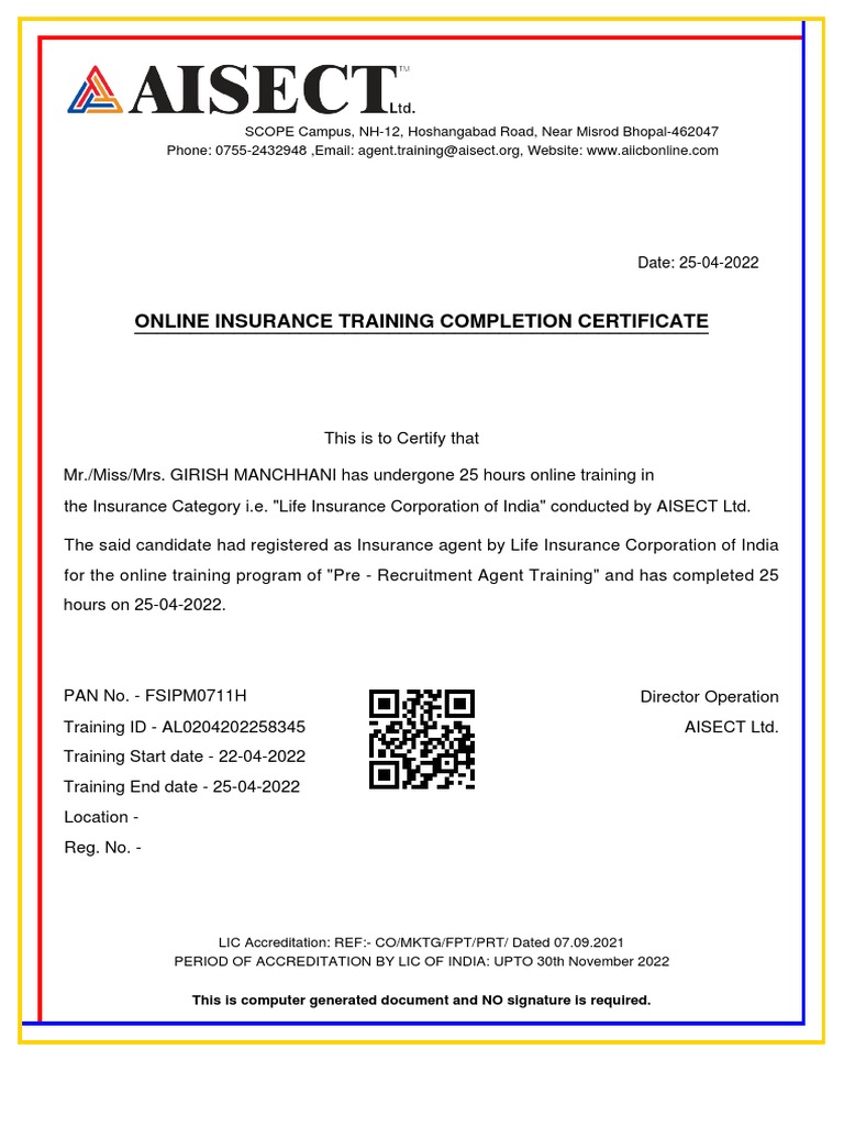 IRDA Training Certificate | PDF