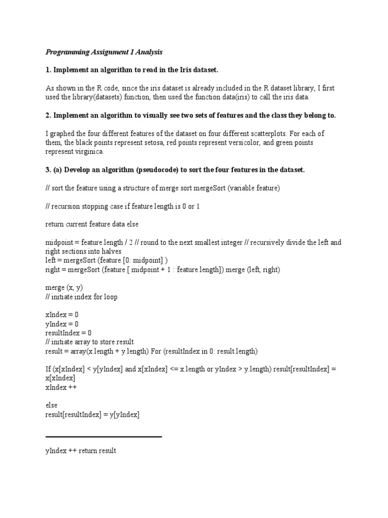 Implement An Algorithm To Read In The Iris Dataset Programming Assignment 1 Analysis Pdf 