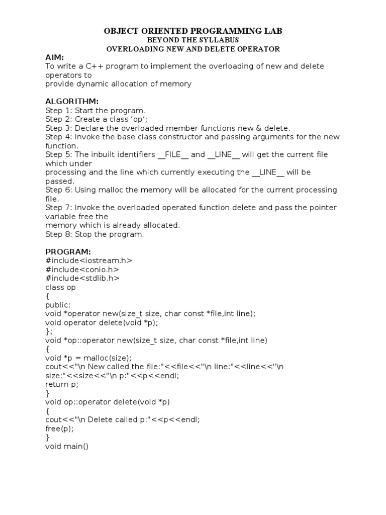 Object Oriented Programming Lab Beyond The Syllabus Overloading New And Delete Operator Aim