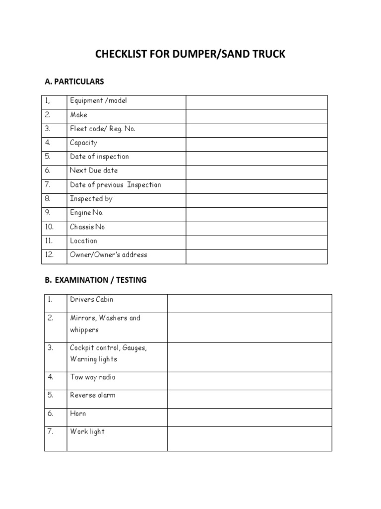 Checklist For Dumper/Sand Truck: A. Particulars | PDF
