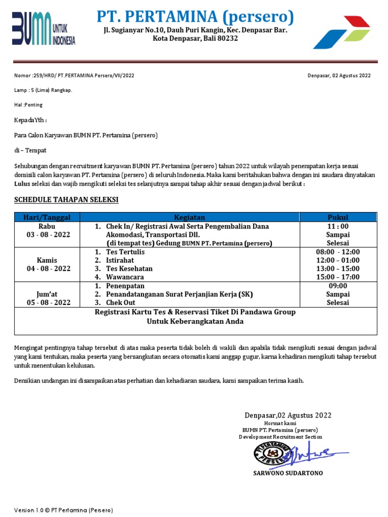 SURAT PANGGILAN TES INTERVIEW PT. PERTAMINA (Persero) | PDF