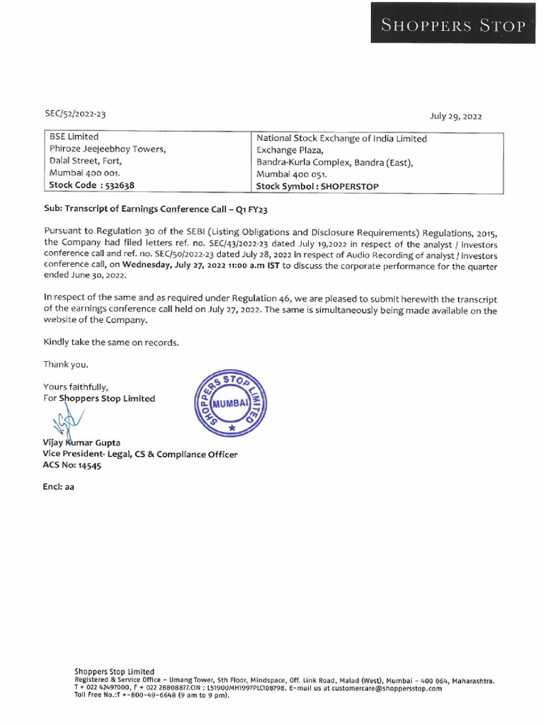 Shoppers Stop Q1 FY23 Earnings Call Transcript | PDF | Depreciation ...