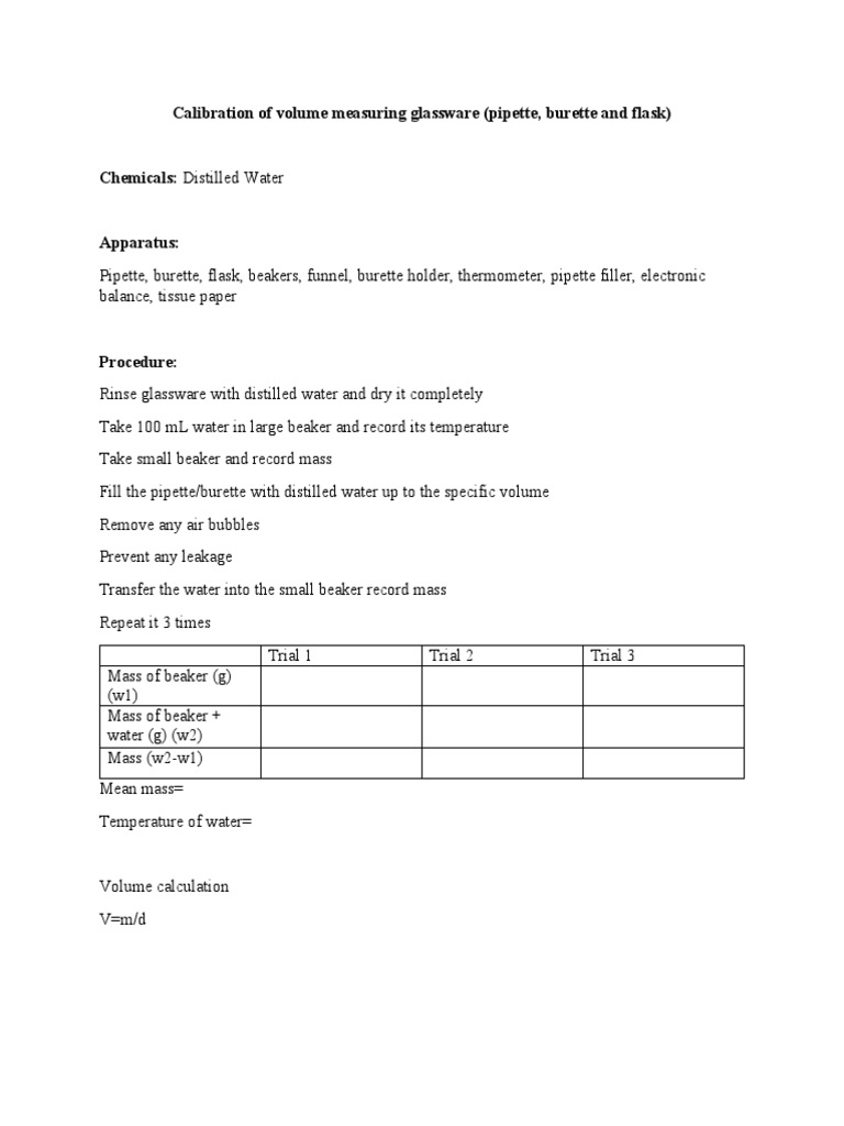 Calibration of Volume Measuring Glassware | PDF