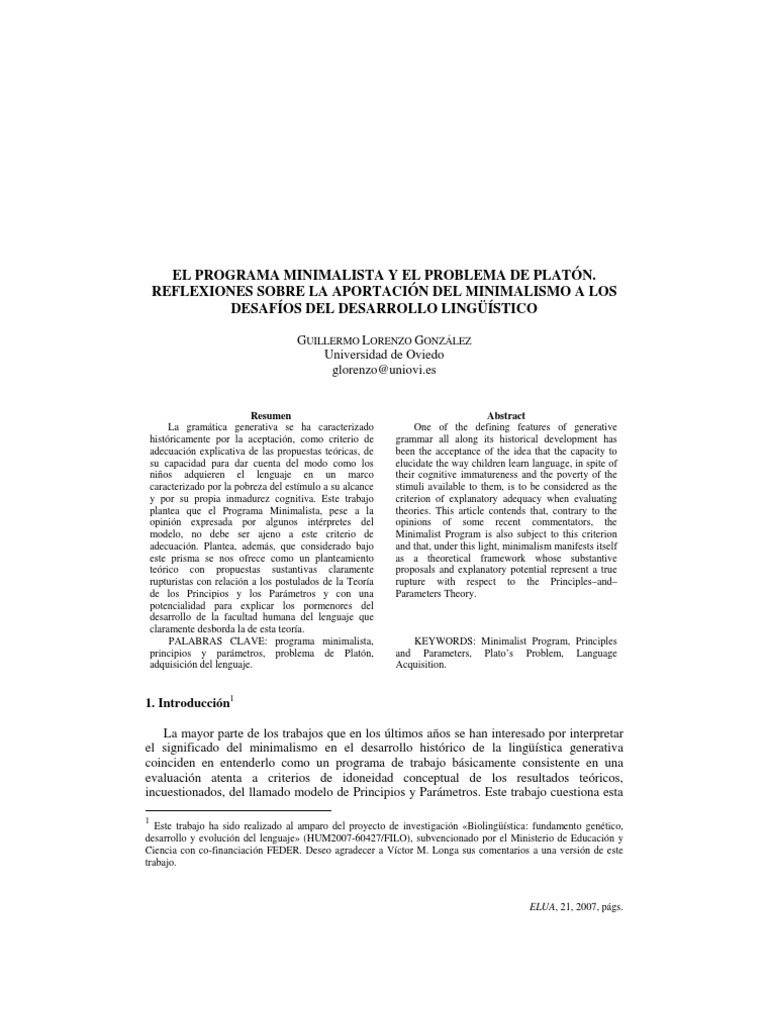 El Programa Minimalista y El Problema de Platón. Reflexiones Sobre La ...