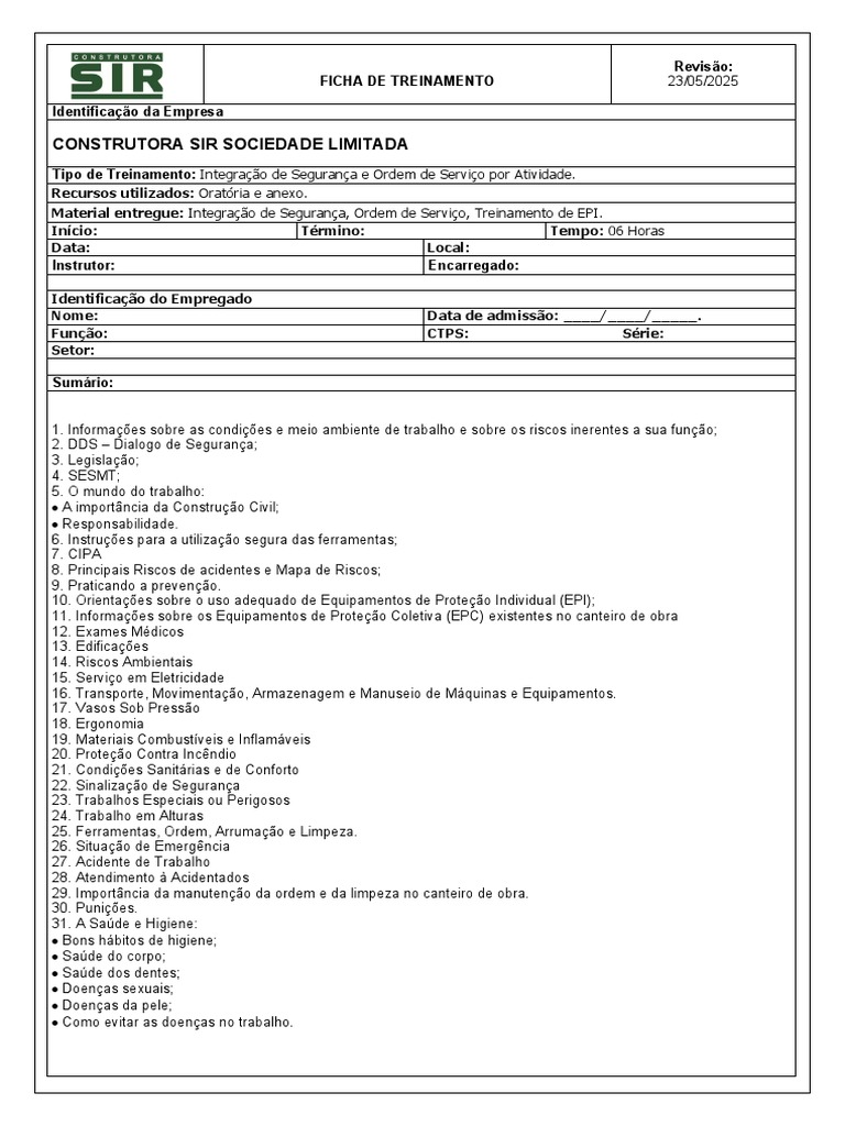 Ficha de Treinamento NR 18 | PDF | Ciências da Saúde