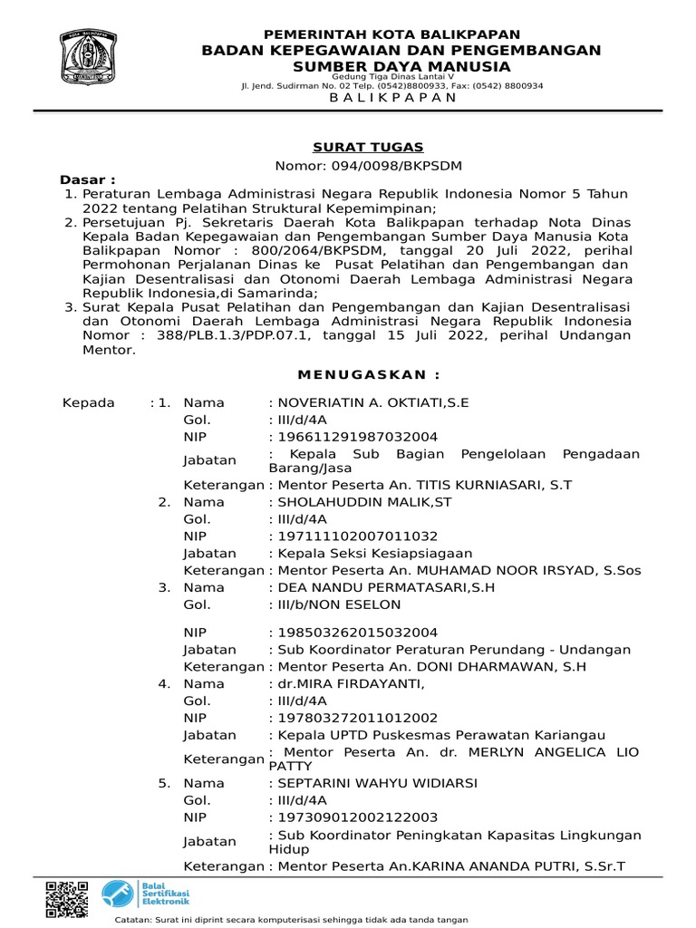 Surat Tugas Mentoring PNS Balikpapan | PDF
