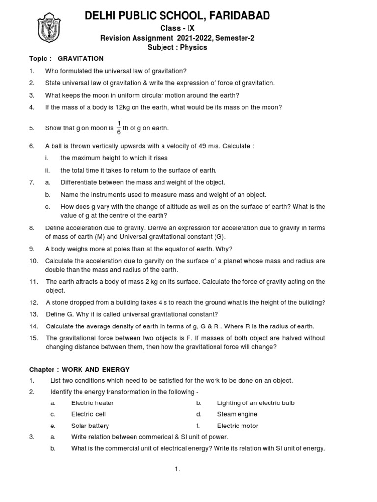 Class 9 Revision Assignment Semester-2 Physics | PDF | Mass | Weight