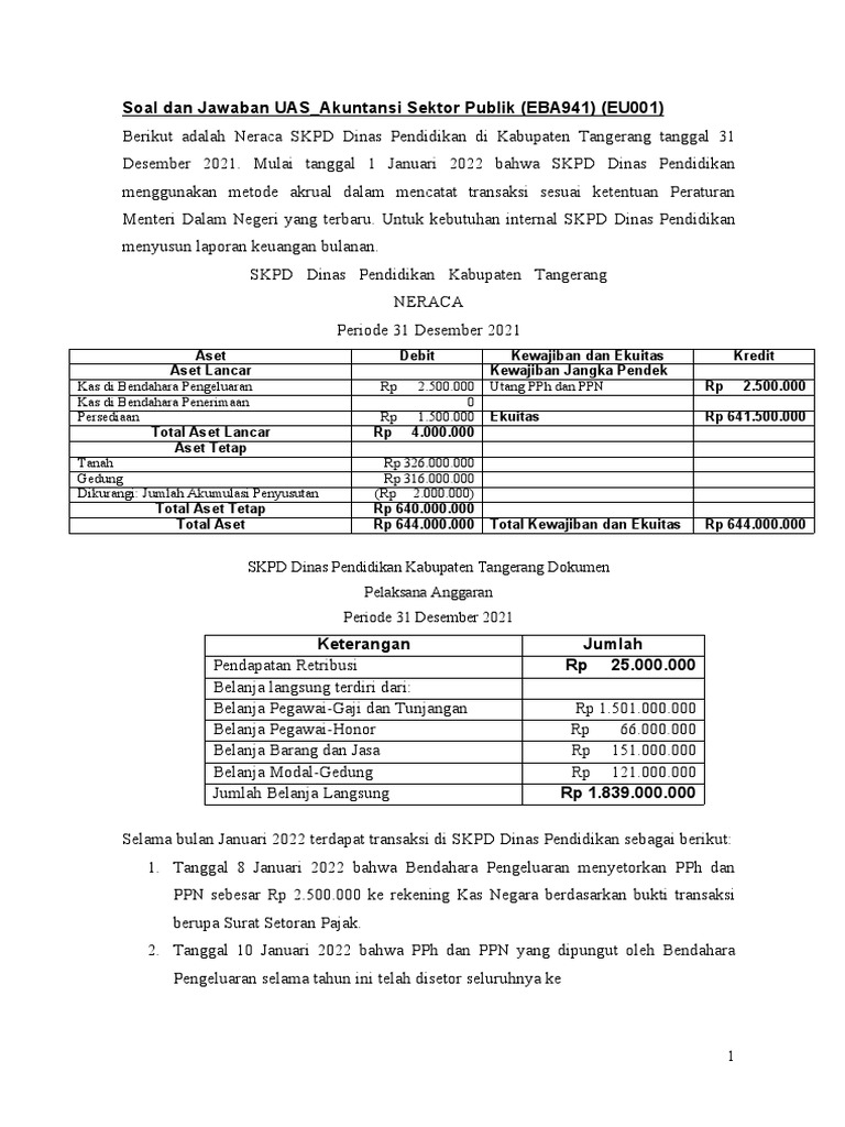 Jawaban UAS Akuntansi Sektor Publik (EBA941) - EU001-Genap 2021-2022-7566 | PDF | Bisnis ...