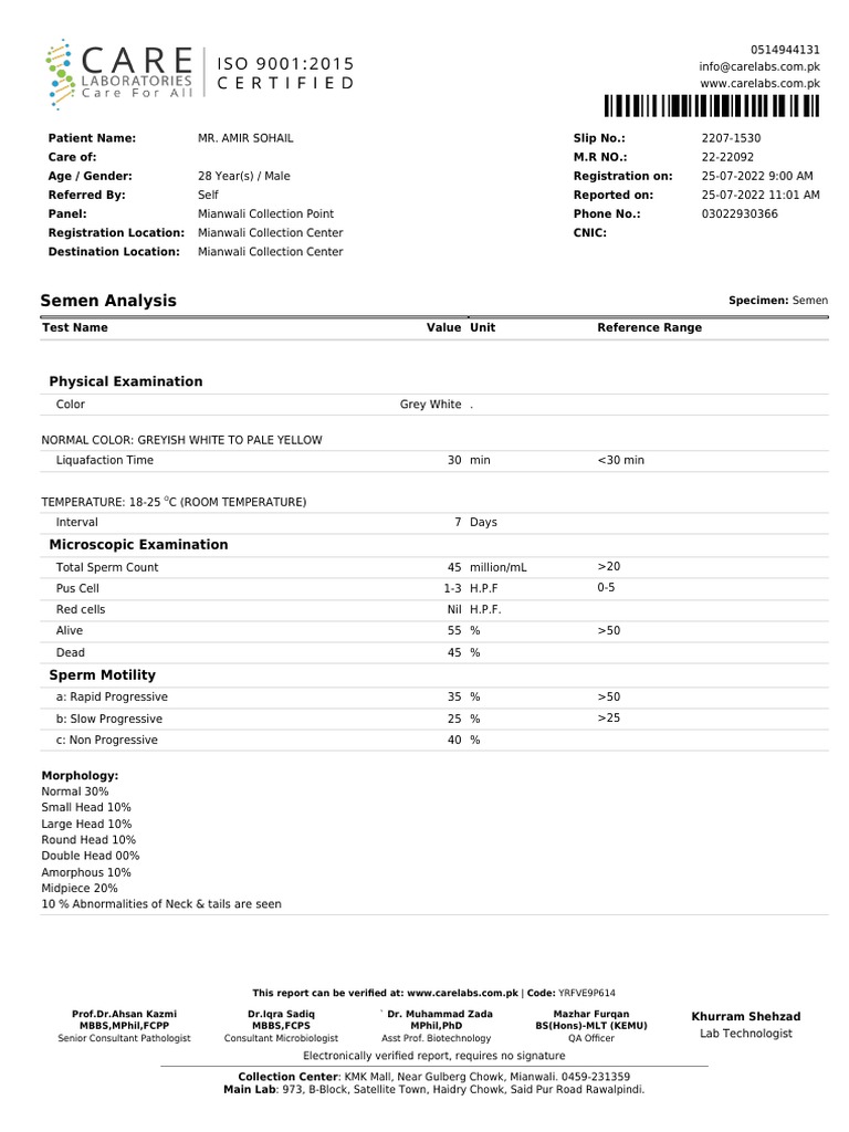 Care Lab Semen Analysis Report | PDF | Sexual Health | Human Reproduction