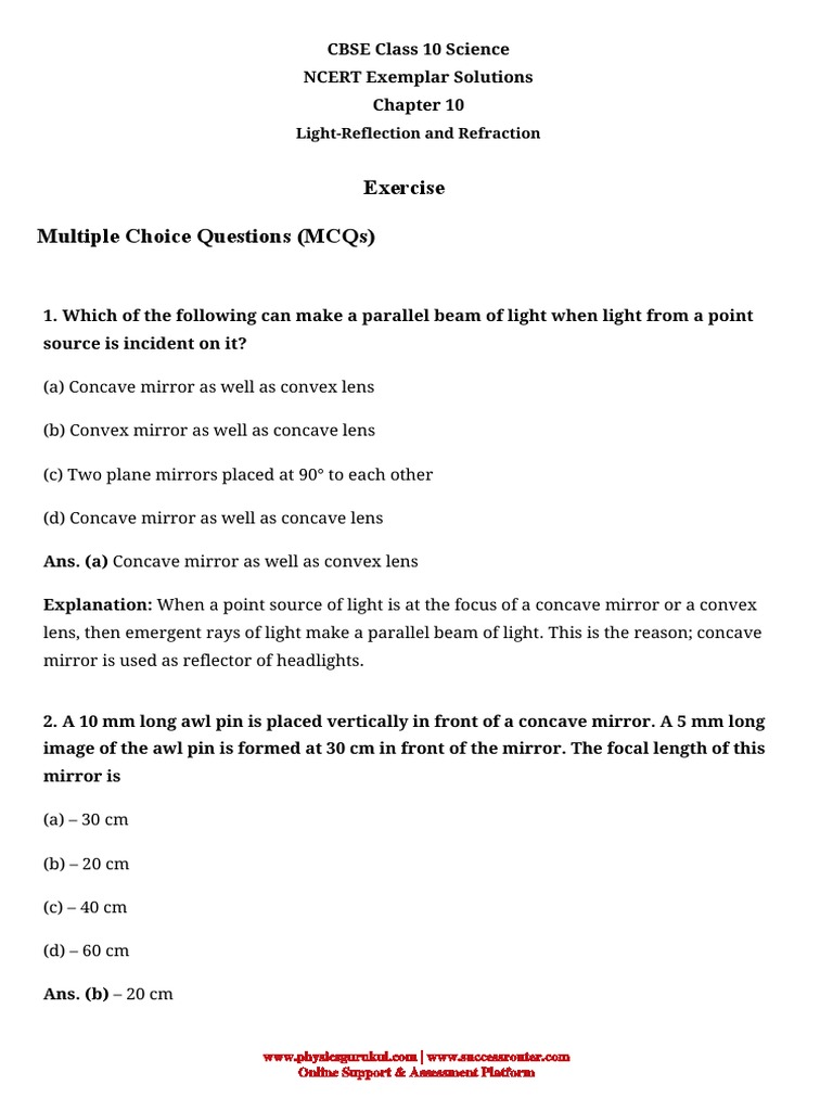 Exercise Multiple Choice Questions (MCQS) : Light-Reflection and ...