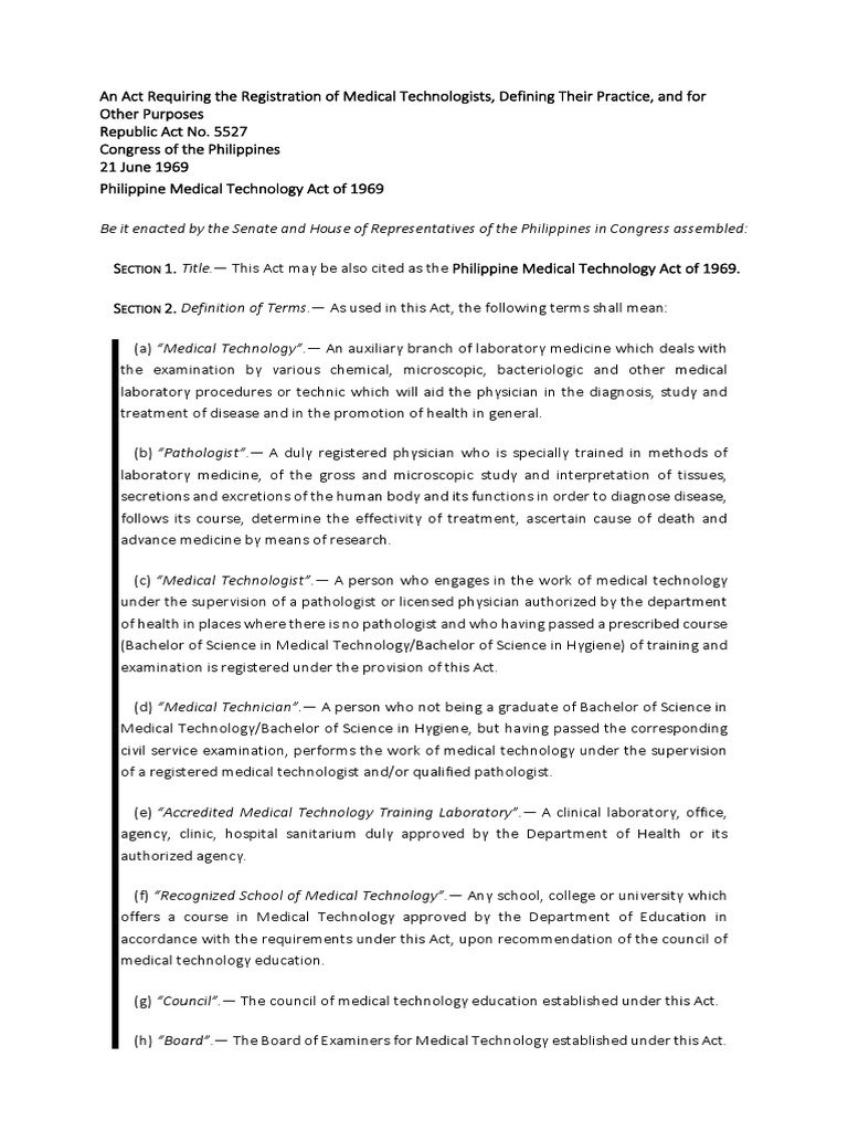 Philippine Medical Technology Act 1969 | PDF | Pathology | Medicine