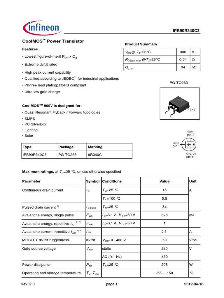 Coolmos Power Transistor: Features Product Summary | PDF | Diode | Field Effect Transistor