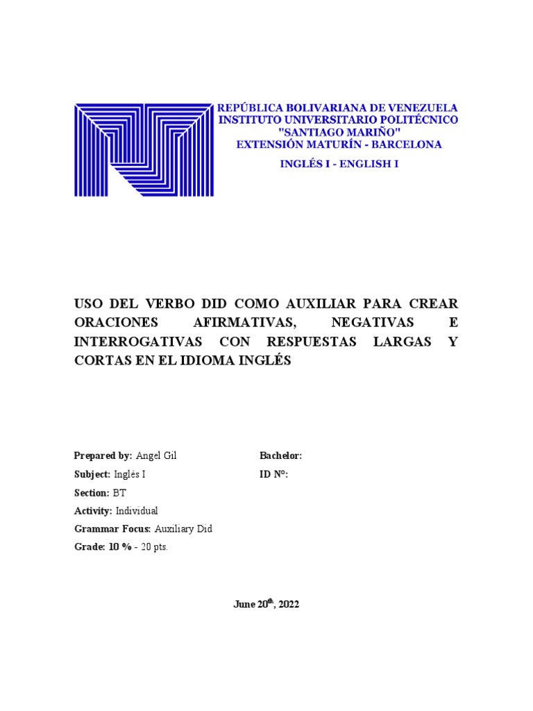 Auxiliary Did | PDF | Verb | English Language