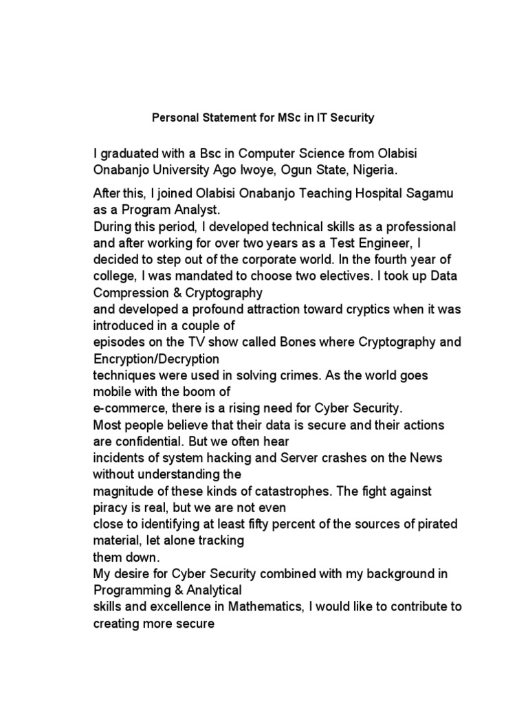Personal Statement For MSC in IT Security | PDF