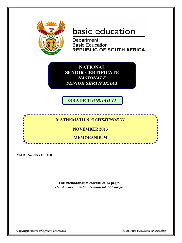2013 Grade 11 Final Exam Nov Math Paper 1 Memo | PDF