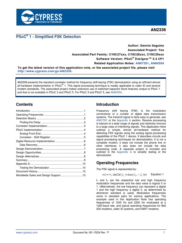 Psoc 1 - Simplified FSK Detection: AN67391 AN60594 | PDF | Modulation | Detector (Radio)