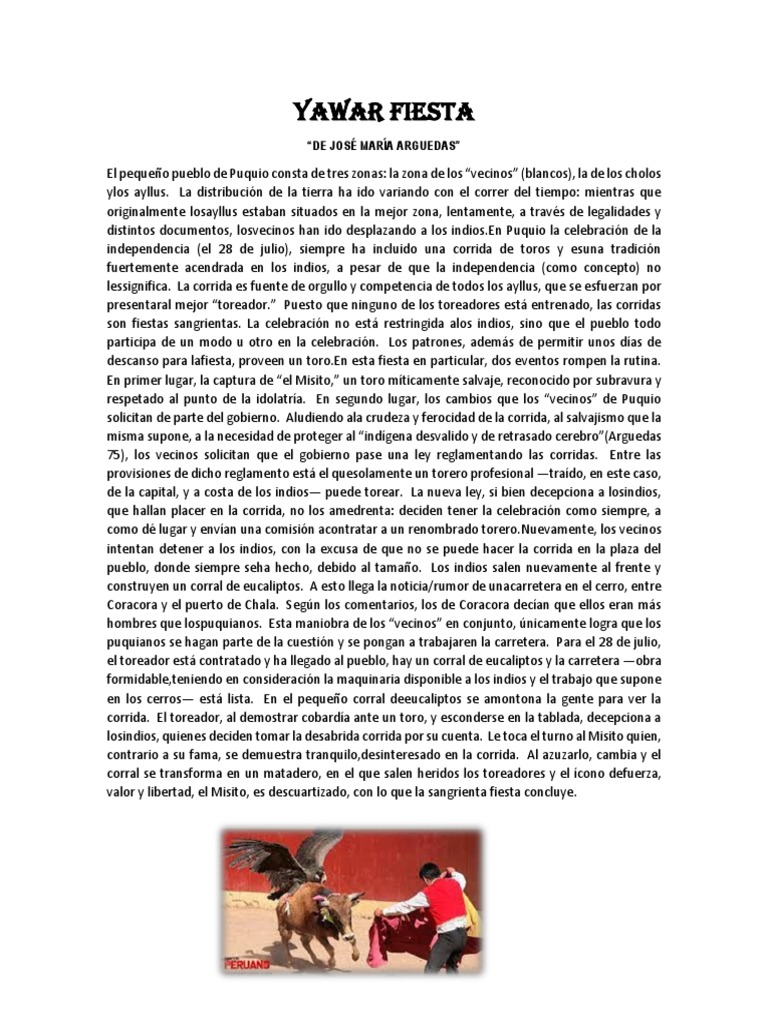 Resumen de la obra Yawar Fiesta. | PDF