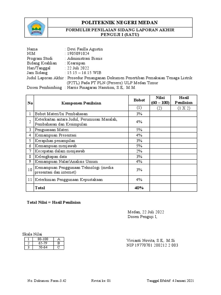 Form-3.42 Formulir Penilaian Sidang Laporan Akhir Penguji I (D3) | PDF