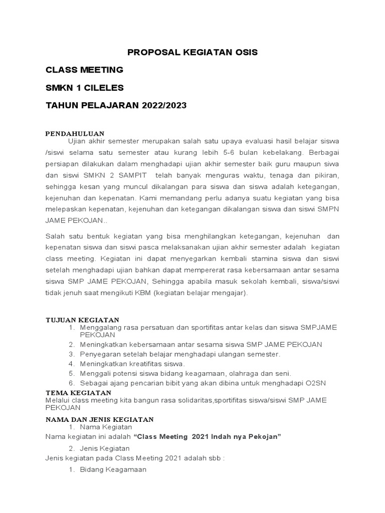 Contoh Proposal Class Meeting Sekolah Lengkap 2 | PDF