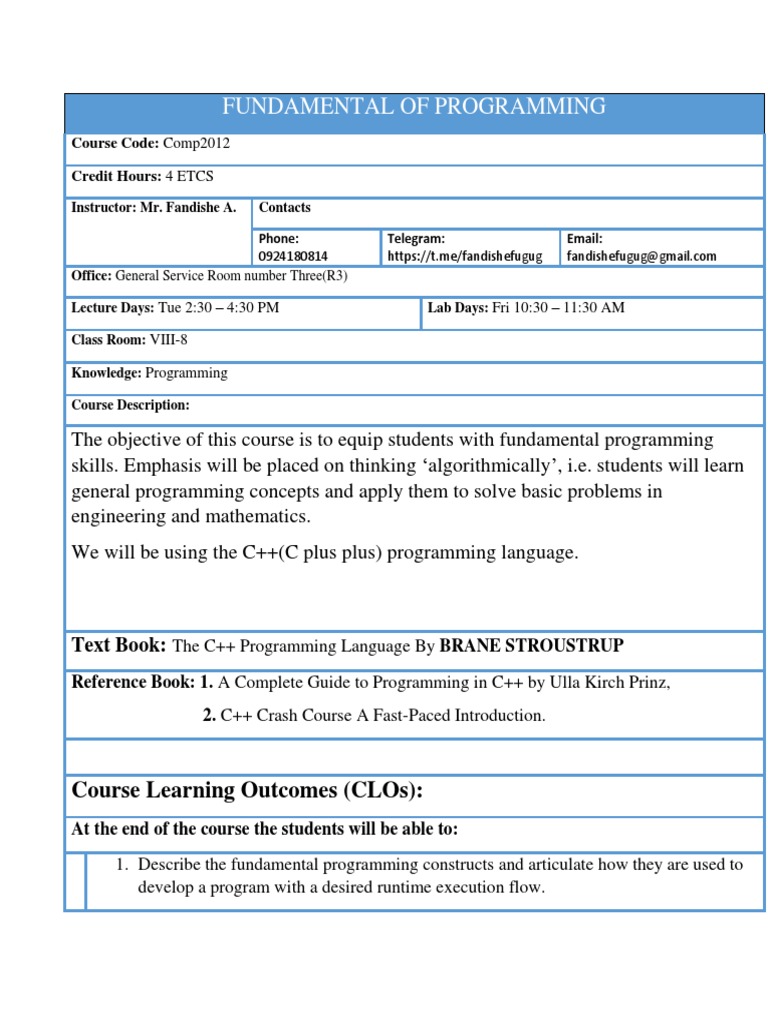 Fundamental of Programming Course Outline | PDF | C++ | Computer ... Fundamental of Programming Course Outline | PDF | C++ | Computer ...