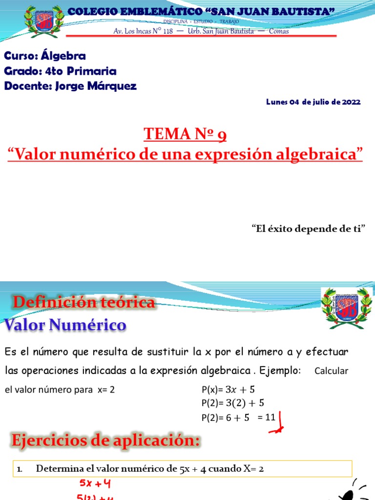Tema 9-Valor Numérico de Una Expresion Algebraica-04-07-2022... | PDF