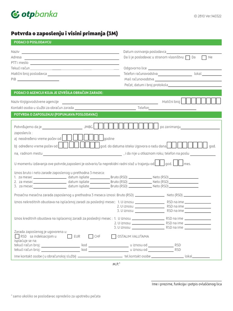 Potvrda o Zaposlenju I Visini Primanja 3m | PDF