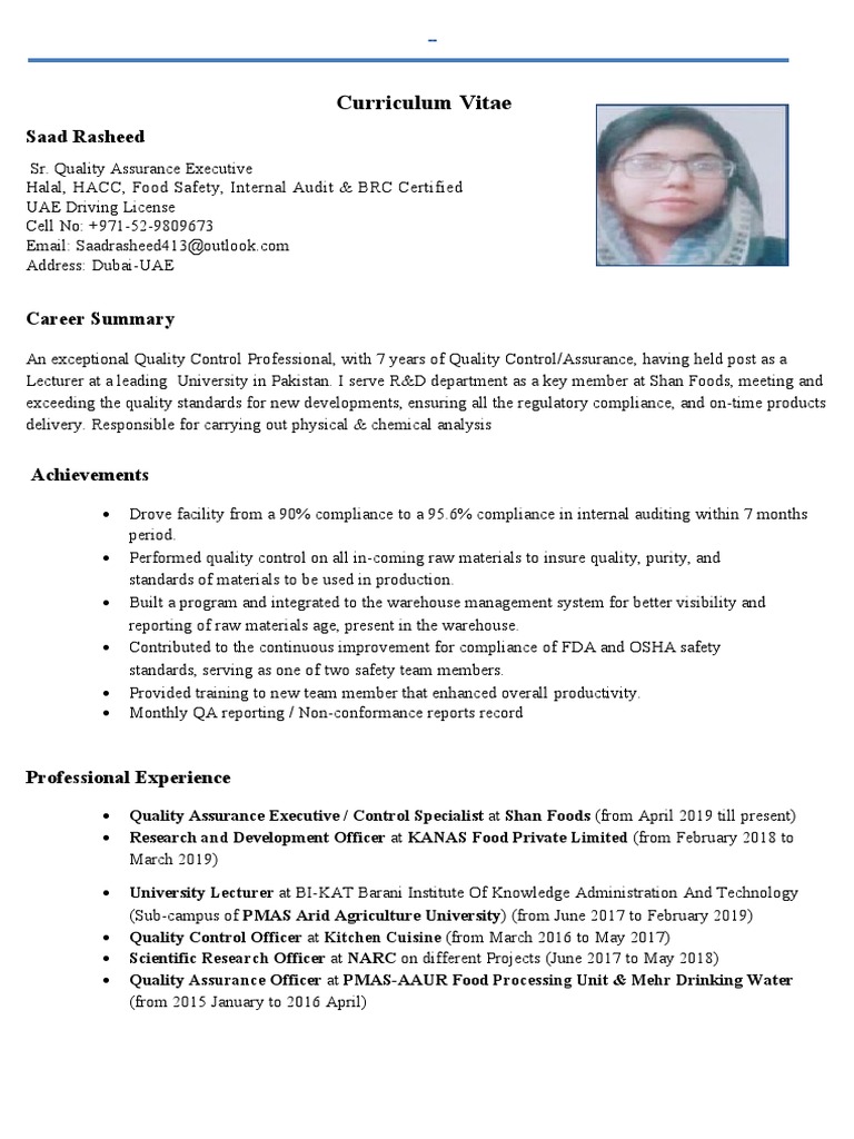 Curriculum Vitae Saad Rasheed | PDF | Audit | Hazard Analysis And ...