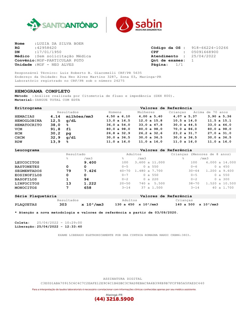 Hemograma Completo: Hemacias Hemoglobina Hematocrito VCM HCM CHCM RDW ...