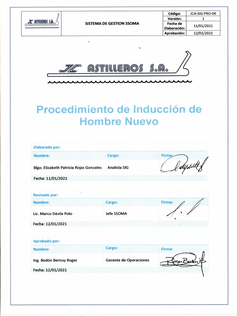 JCA-SIG-PRO-09 Procedimiento de Inducción Hombre Nuevo | PDF | Seguridad y salud ocupacional ...