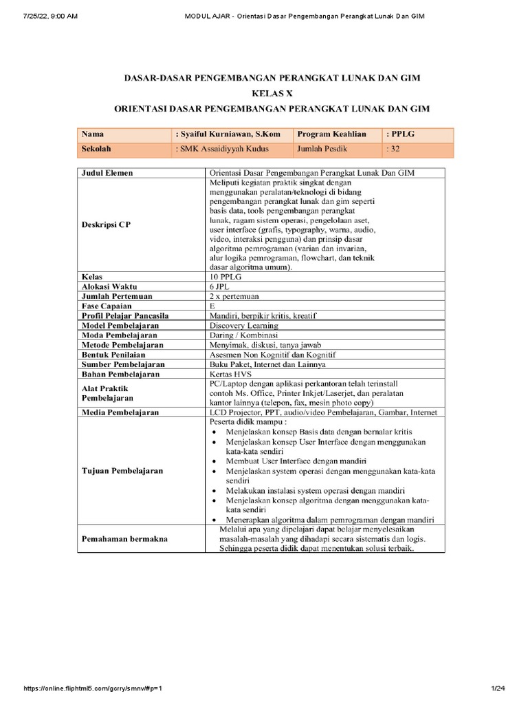 MODUL AJAR - Orientasi Dasar Pengembangan Perangkat Lunak Dan GIM | PDF