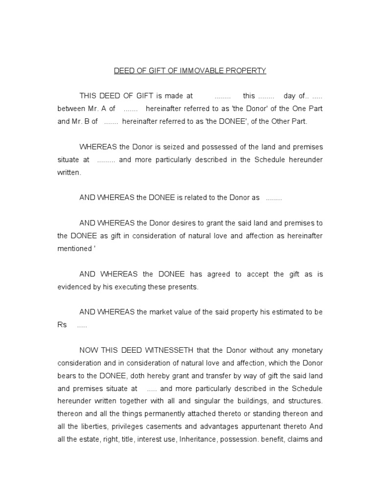 Gift Deed for Immovable Property | PDF | Deed | Property