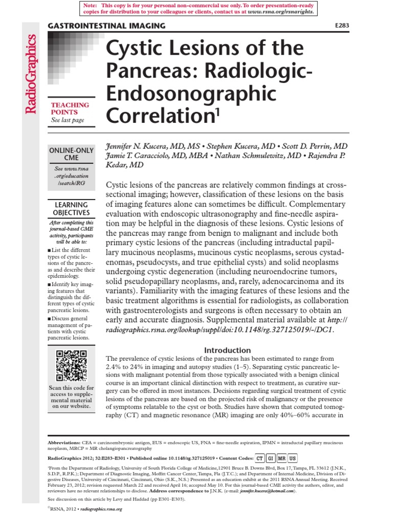 Cystic Lesions of The Pancreas - RadiologicEndosonographic Correlation ...