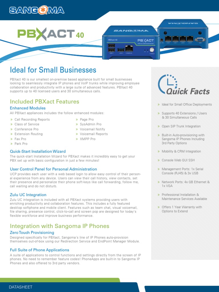Sangoma Pbxact 40 Datasheet | PDF | Call Centre | Voice Over Ip