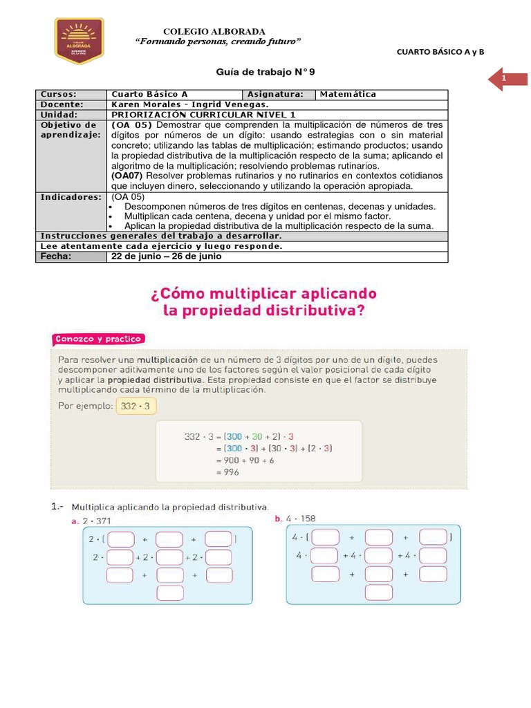 Matematica 4° propiedad distributiva multiplicacion, | PDF ...