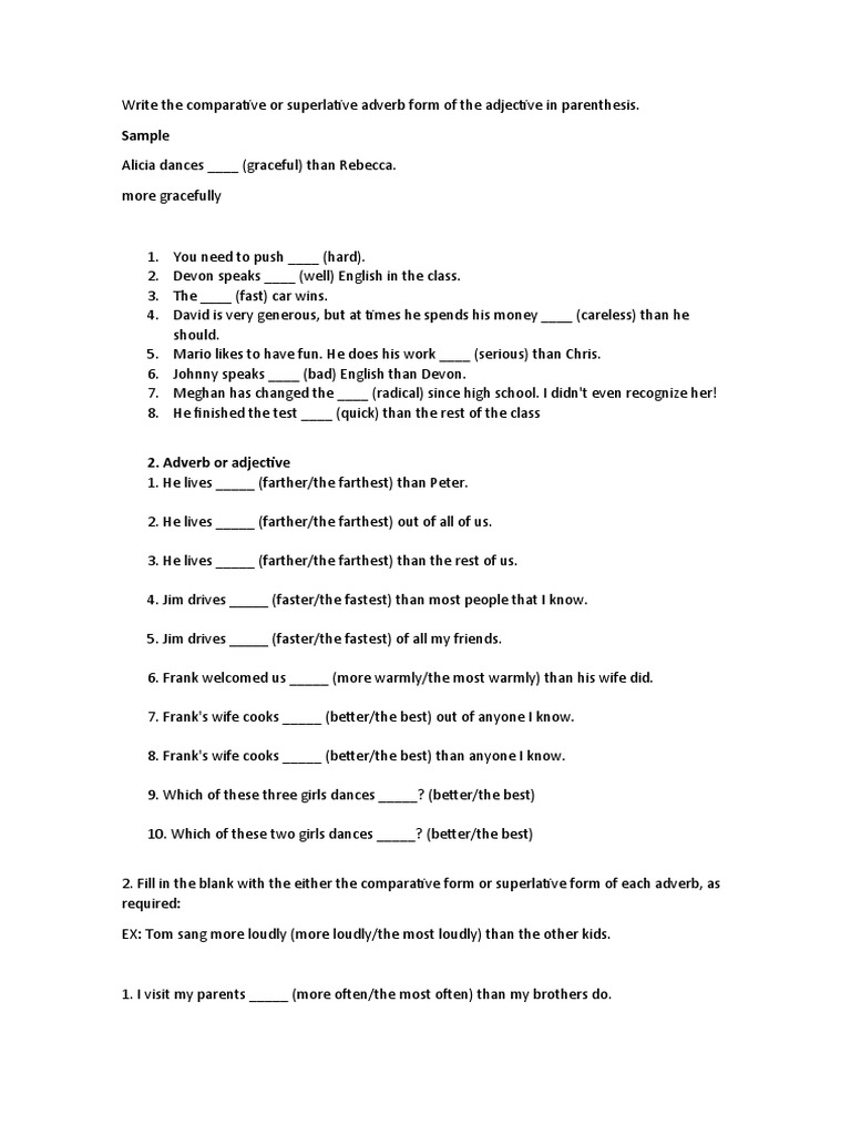 Adverbs Comparative Superlative Exercises | PDF